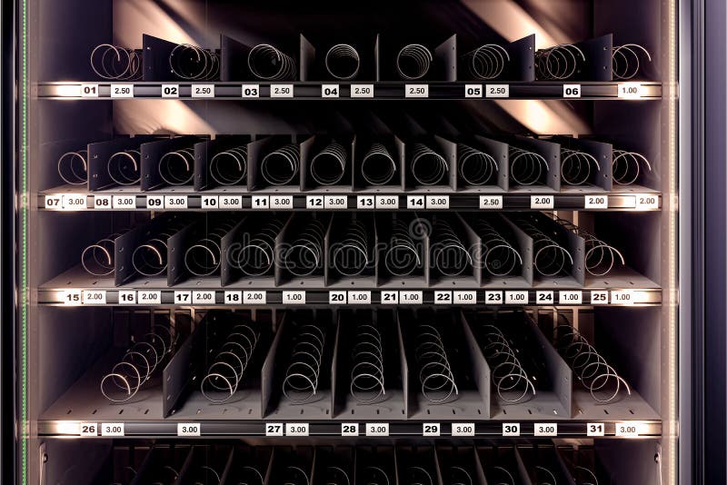 Close Up of Black Empty Vending Machine with Empty Shelves and Prices ...