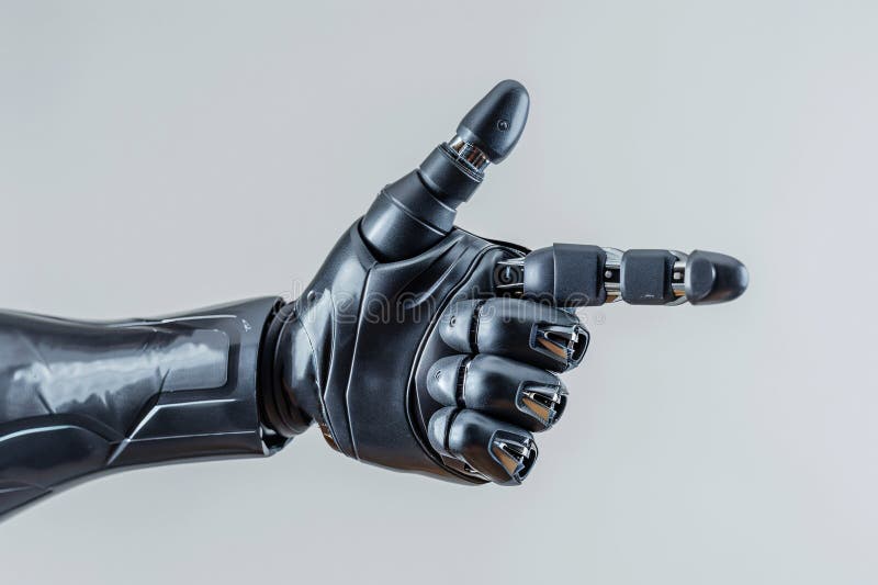 Modern Black Robotic Bionic Arm Pointing at Something Isolated on White ...