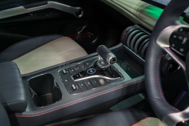 Close Up of Modern Car Automatic Gearbox and Control Buttons in EV Car ...