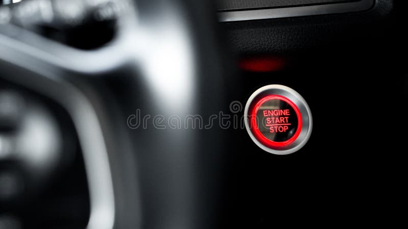 Close Up Modern Car Engine Start Stop Button on Black Leather Car ...
