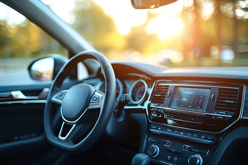 Close Up of a Modern Car Interior, Focusing on the Steering Wheel ...
