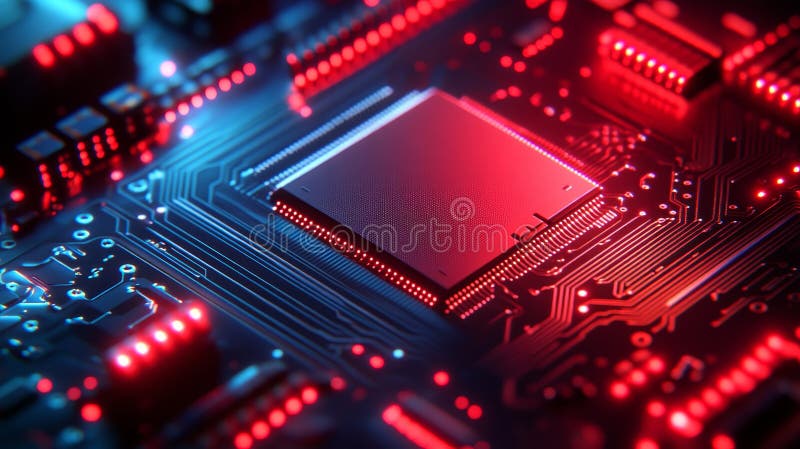 Close-up of Modern Circuit Board with CPU, Technology Background in Red ...