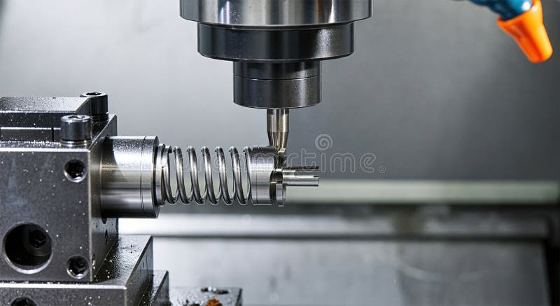 Close-up of a Modern CNC Machine Tool with a Metal Spring Component ...