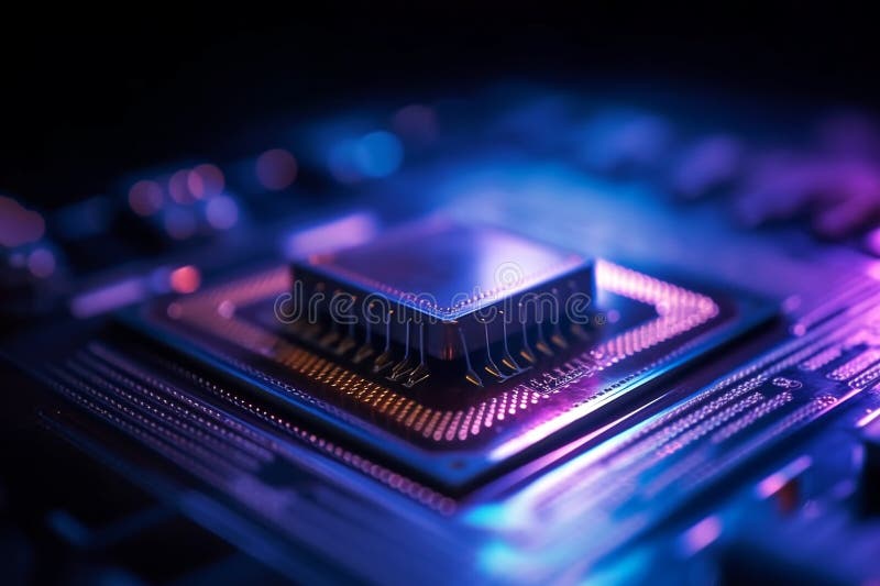 Close-up of Modern Computer Micro Chip in Purple and Blue Light, Modern ...
