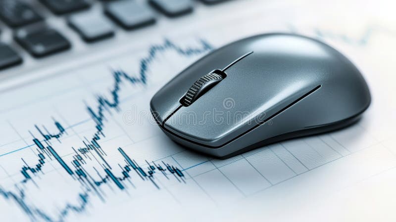 Close-up of a Modern Computer Mouse on a Desk with Data Graphs ...