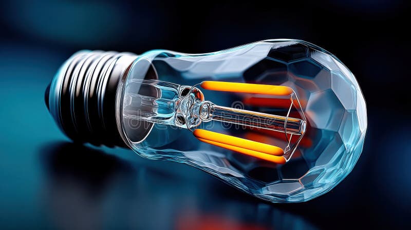 Close-up of a Modern Crystal-style LED Light Bulb on a Glossy Surface ...
