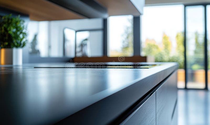 Close-up of Modern Dark Kitchen Counters, Featuring Sleek Surfaces and ...