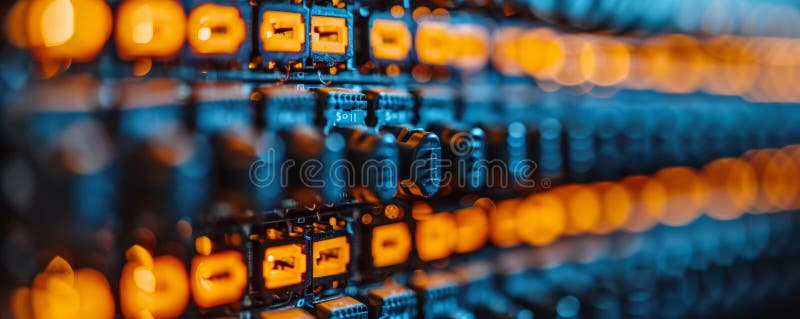 CloseUp of Modern Data Center Server Rack with Blinking Orange and Blue ...