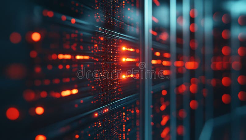 Close-Up of Modern Data Center Server Rack with Red LED Lights and ...