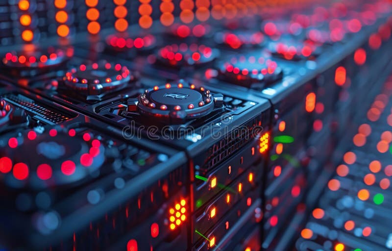 Closeup of Modern Data Center Servers with Red LED Lights and Advanced ...