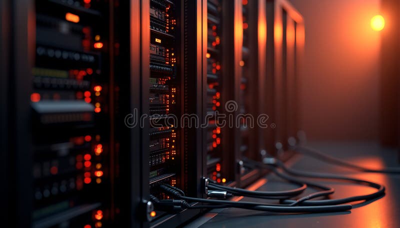 Close-up of Modern Data Server Rack in Low Light Stock Illustration ...