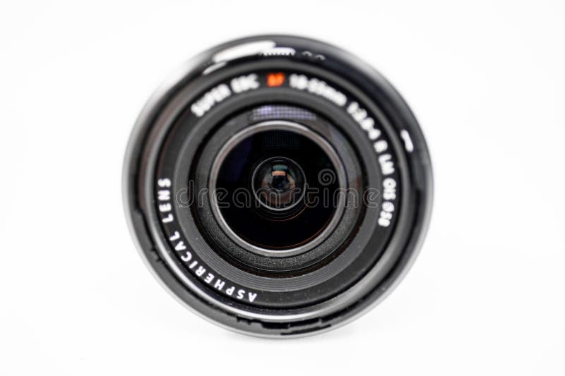 Close-Up of a Modern DSLR Camera Lens Focused on Black Glass Stock ...