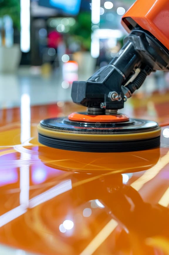 Close Up of Modern Floor Buffing Machine in Operation on Floor Surface ...