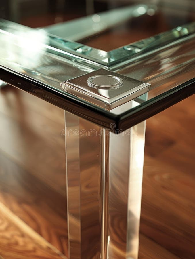 Close-up of a Modern Glass Table with a Wooden Floor Background. Stock ...
