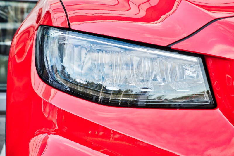 Close-up of Modern Headlight of New Red Car Stock Image - Image of ...