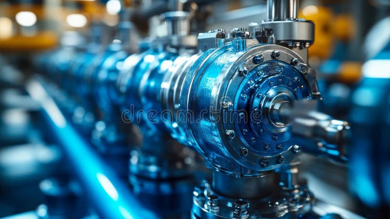 Close-up of a Modern Industrial Pump System in a Brightly Lit Factory ...