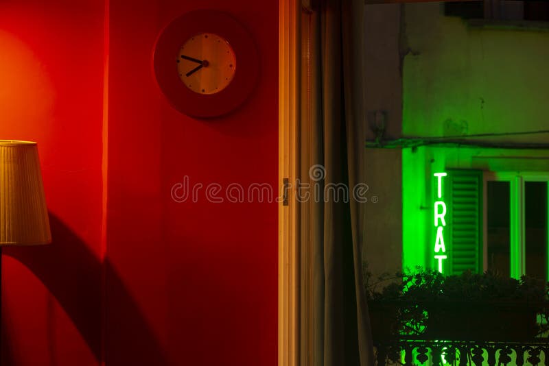 Close Up of Modern Interior with Red Light Inside and Green Neon Light ...