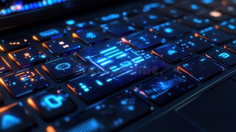 Close-up of a Modern Keyboard with Glowing Futuristic Design Elements ...