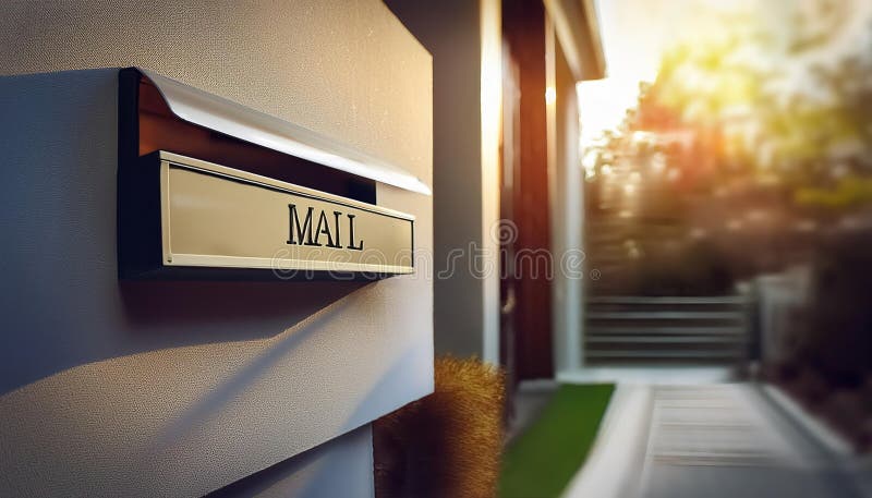 A Close-up of a Modern Mailbox with the Word MAIL on it, with a Sunlit ...