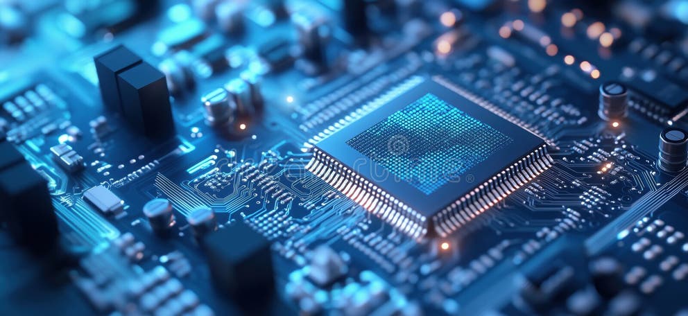 Close-up of a Modern Microprocessor on a Circuit Board with Blue ...