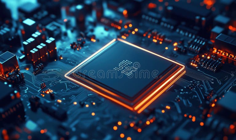 Close-up of a Modern Microprocessor on a Circuit Board with Glowing ...
