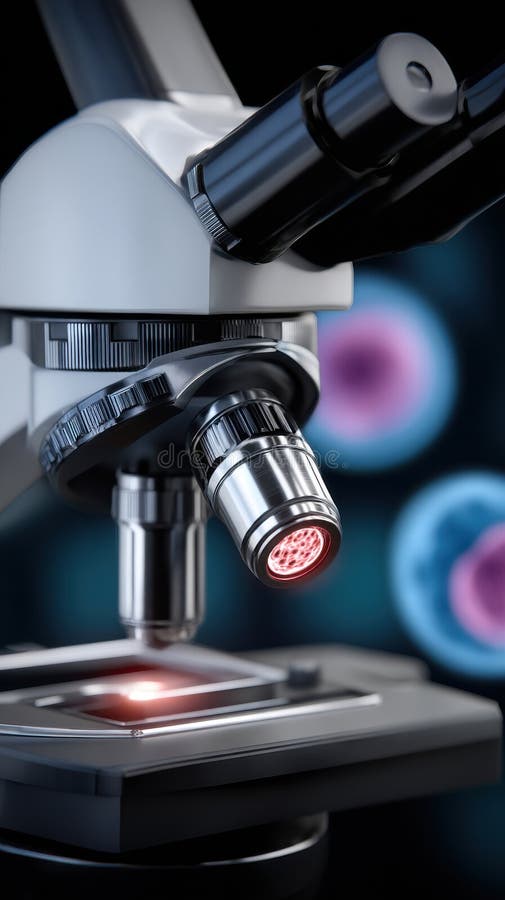 Close Up of a Modern Microscope with Cells in the Background ...