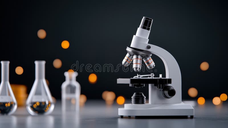 Closeup of a Modern Microscope on a Laboratory Table with Glass Flasks ...