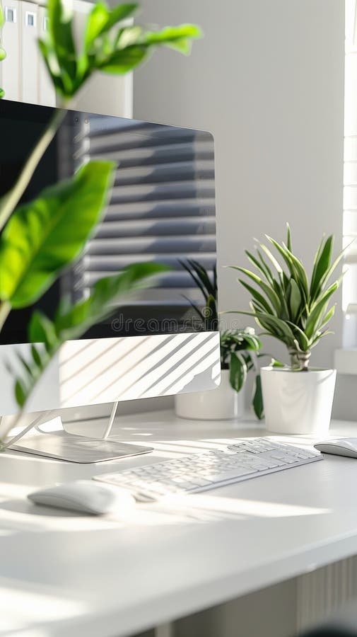 Close-up of a Modern Office Desk with Computer and Plants. Concept of a ...