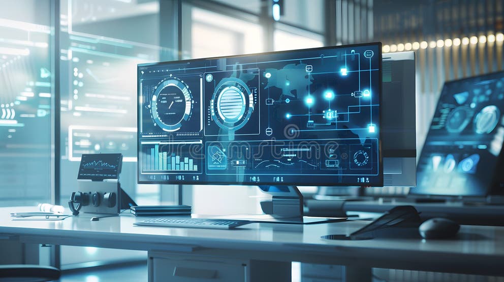 Close Up of Modern Office Workplace with Computers and High Tech ...