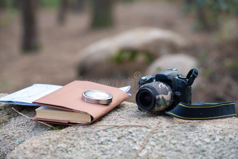 Close-up of Modern Photo Camera, Compass and Map Stock Photo - Image of ...