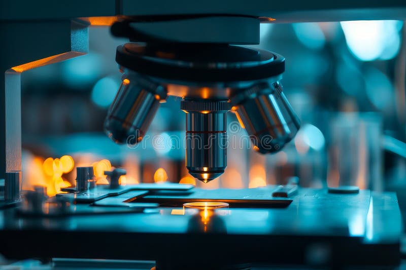 Close-up of a Modern Research Microscope in a Laboratory with a Blue ...