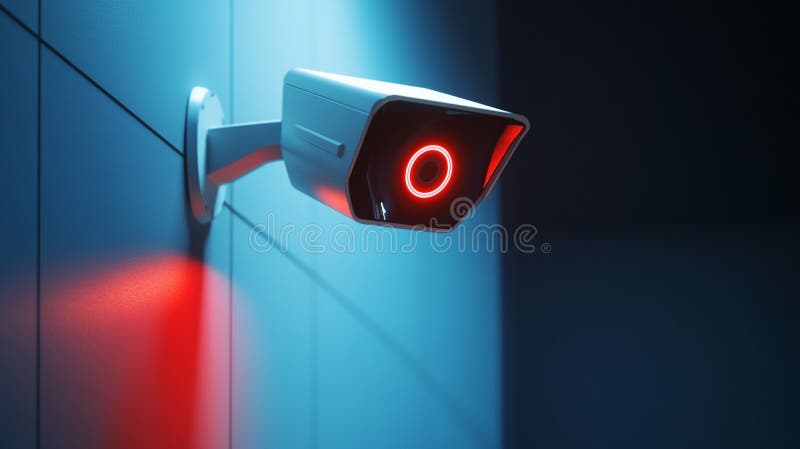 A Close-up of a Modern Security Camera with a Blinking Red Light ...