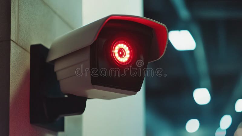 A Close-up of a Modern Security Camera with a Blinking Red Light ...