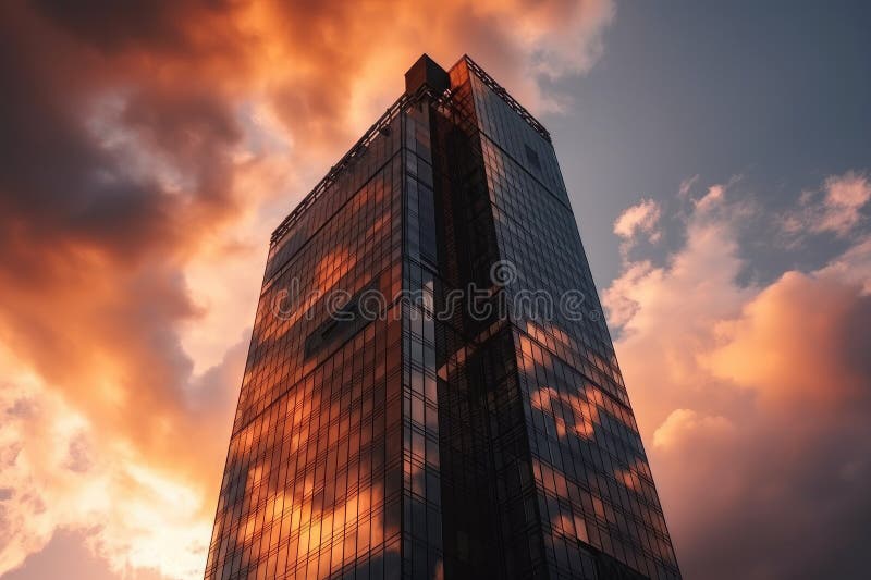 Close-up of Modern Skyscraper with Sunset Sky and Clouds in the ...
