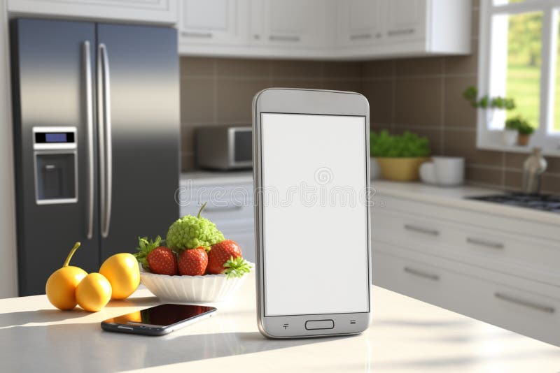Smartphone with Mock Up Blank Screen in Kitchen. Mobile App, Shopping ...