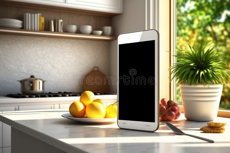 Smartphone with Mock Up Blank Screen in Kitchen. Mobile App, Shopping ...