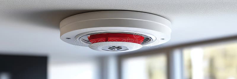 Close Up on Modern Smoke and Fire Detector Mounted To Ceiling, Home or ...