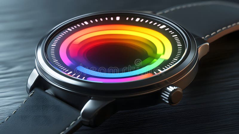 Close Up of a Modern Watch with a Rainbow Colored Face and a Black ...