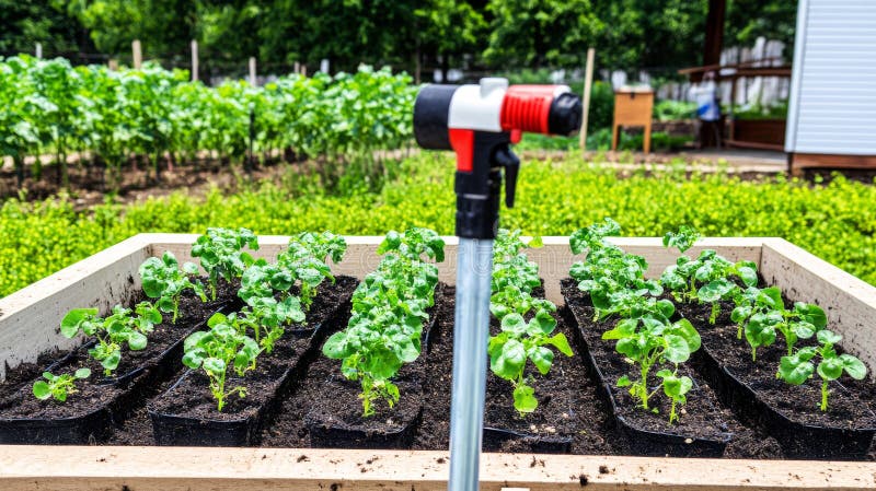 Close Up of a Modern Watering System Irrigating Rows of Young Plants in ...