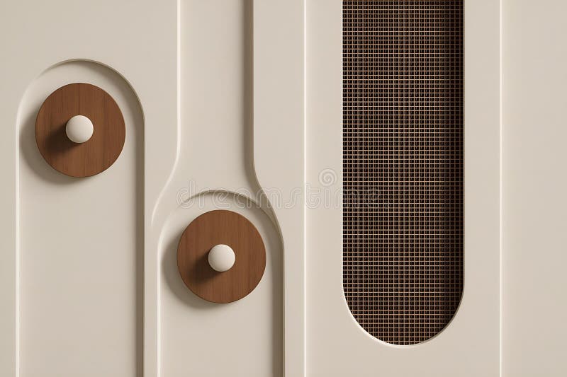 Close-up of a Modern White Cabinet with Wooden Circular Accents and ...