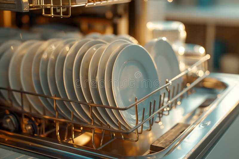 A Close-up of Modern White Dishes Neatly Stacked Inside a Fully Loaded ...