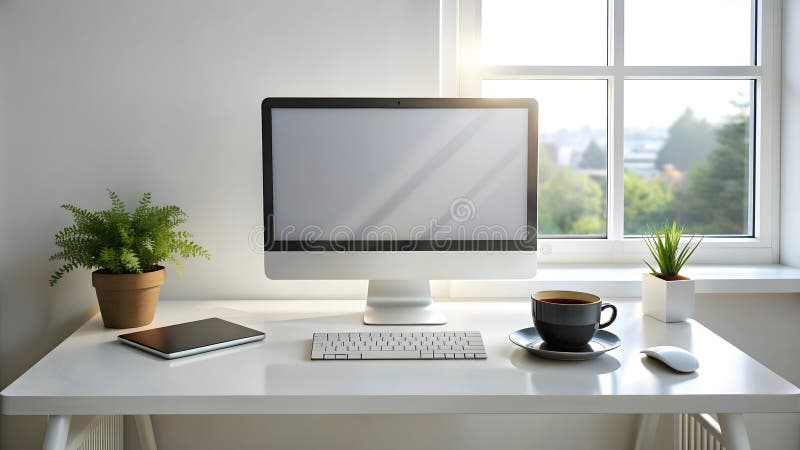 Close Up Modern Workplace with Computer, Coffee Cup and Other Items on ...