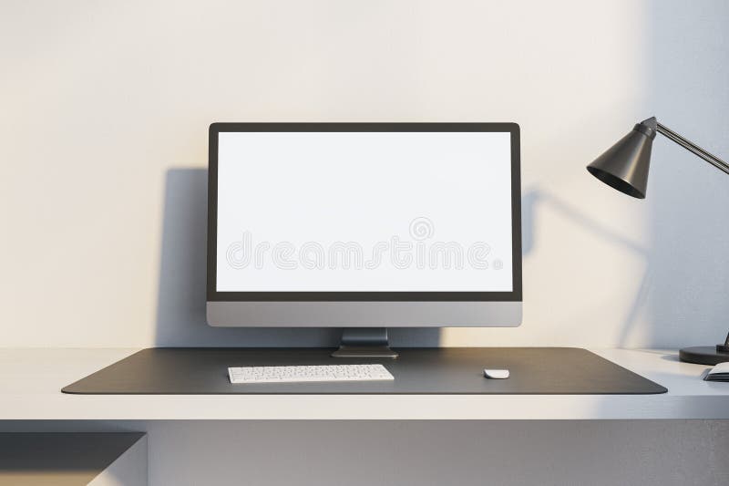 Close Up of Workplace with Empty White Mock Up Computer Monitor and ...
