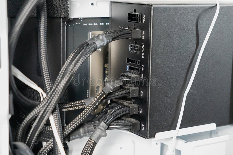 Close-up of Modular Power Supply Unit with Connected Braided Cables ...