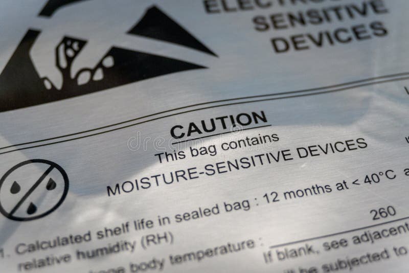 Close-up of Moisture Barrier Bag Caution Warning Label from Electronics ...