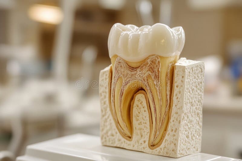 Close-up of a Molar Model Highlighting Enamel, Dentin, Pulp, and Root ...