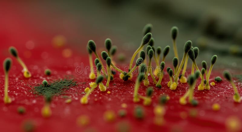 Close-up of Mold Growth and Spores on Red Surface in Macro Photography ...