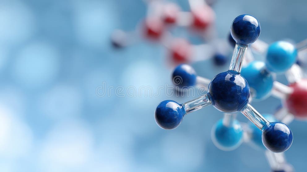 Close-up of a Molecular Structure Model with Blue and Red Spheres ...