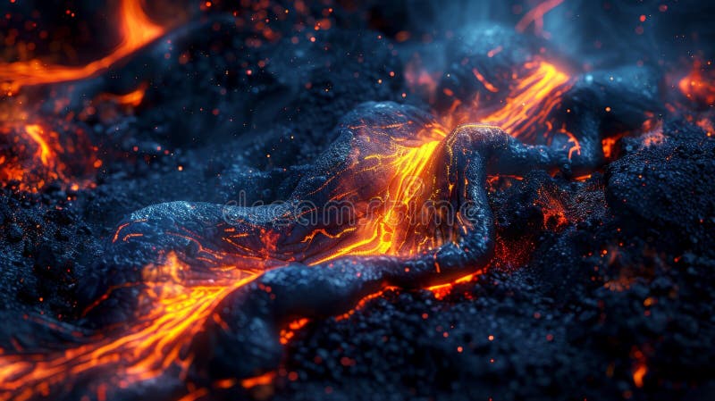 Close-up of Molten Lava Flowing Over a Dark, Rough Surface. the Fiery ...