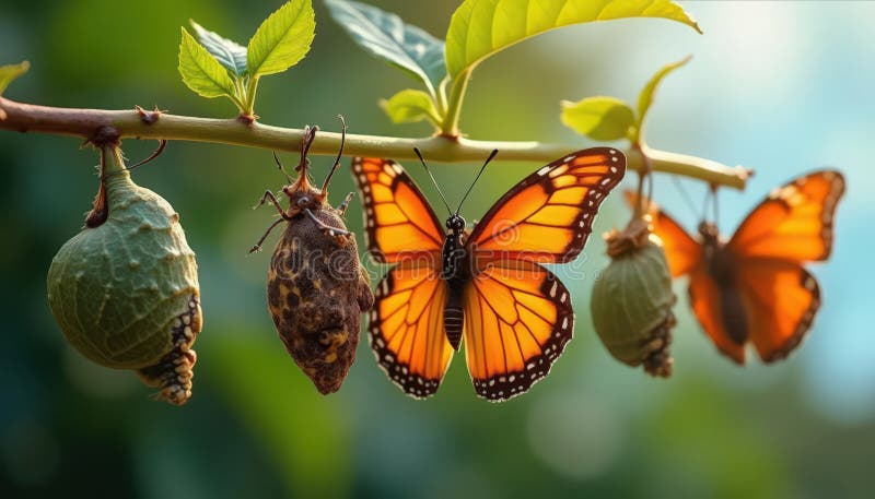 Monarch Butterfly Emerging from Chrysalis on a Branch Stock ...